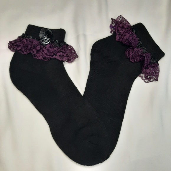 SYRIE | Accessories | Ankle High Black Socks With Plum Lace Black Satin ...